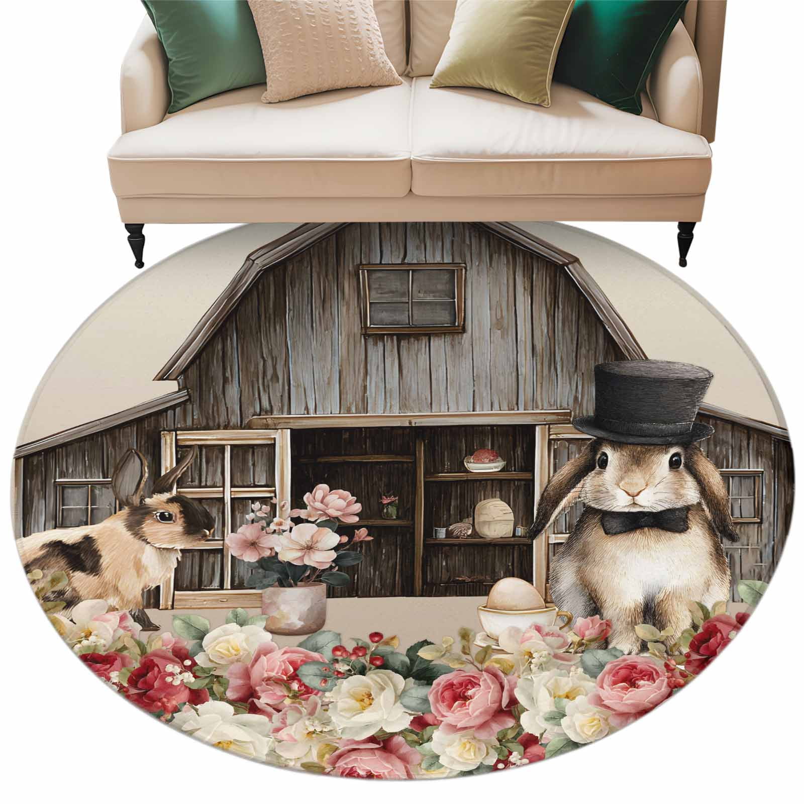 Easter Rabbits Area Rugs 7ft Farmhouses Hat Bunny Egg Roses Floral ...