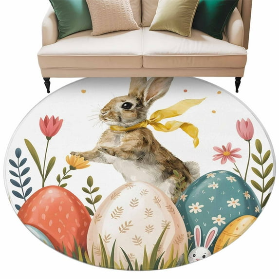 Easter Rabbits Area Rugs 8ft Spring Watercolor Eggs Floral Grass Floor ...