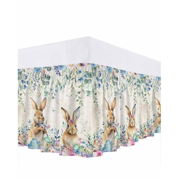 Easter Rabbits Bed Skirt Queen Size 16 Inch Drop, Pink Blue Floral Leaf ...