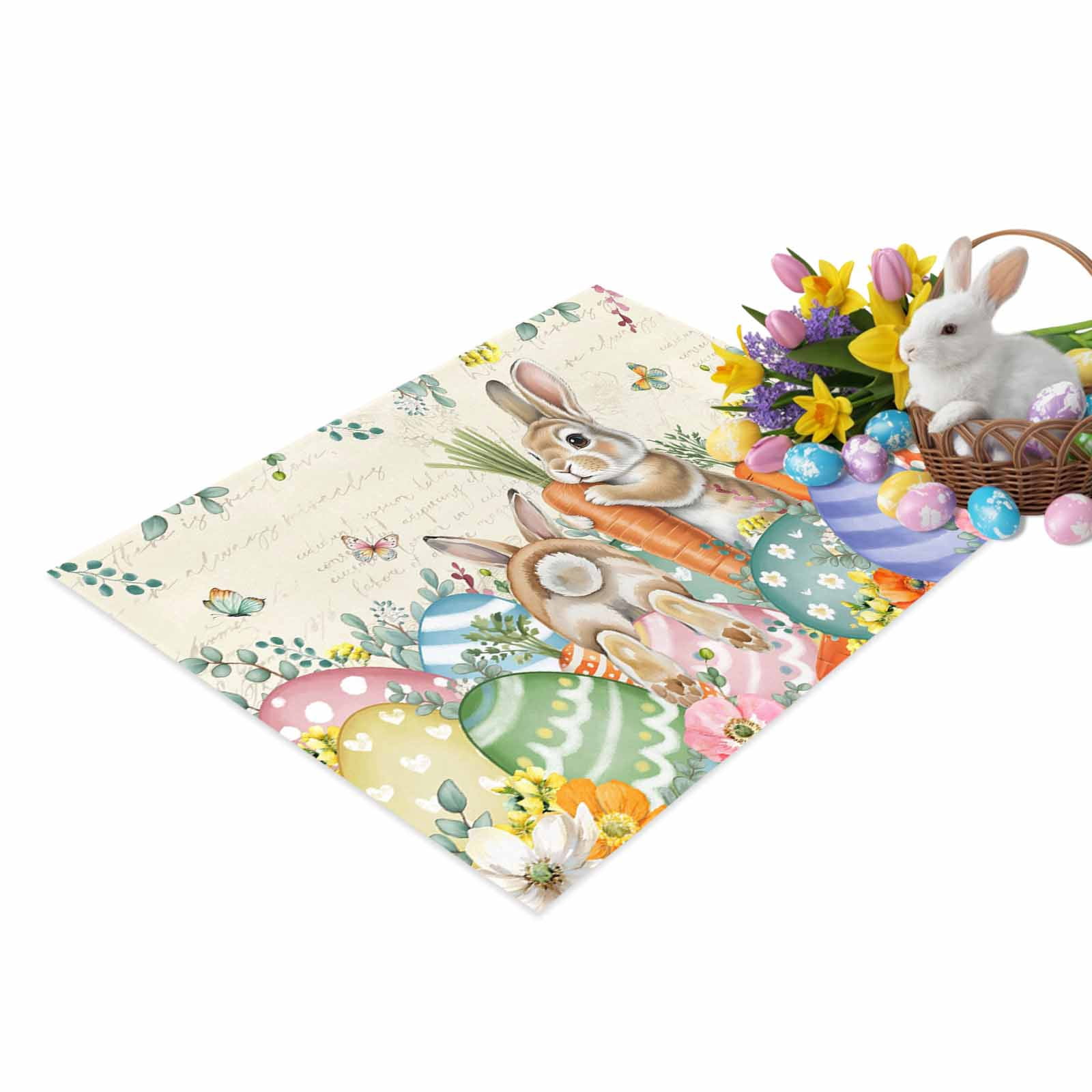 Easter Rabbits Door Mat Spring Bunny Eggs Floral Leaf Beige Background ...