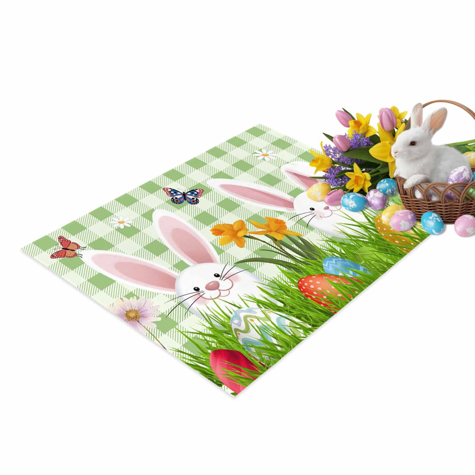 Easter Rabbits Door Mat Spring Floral Plant Red Blue Yellow Eggs ...
