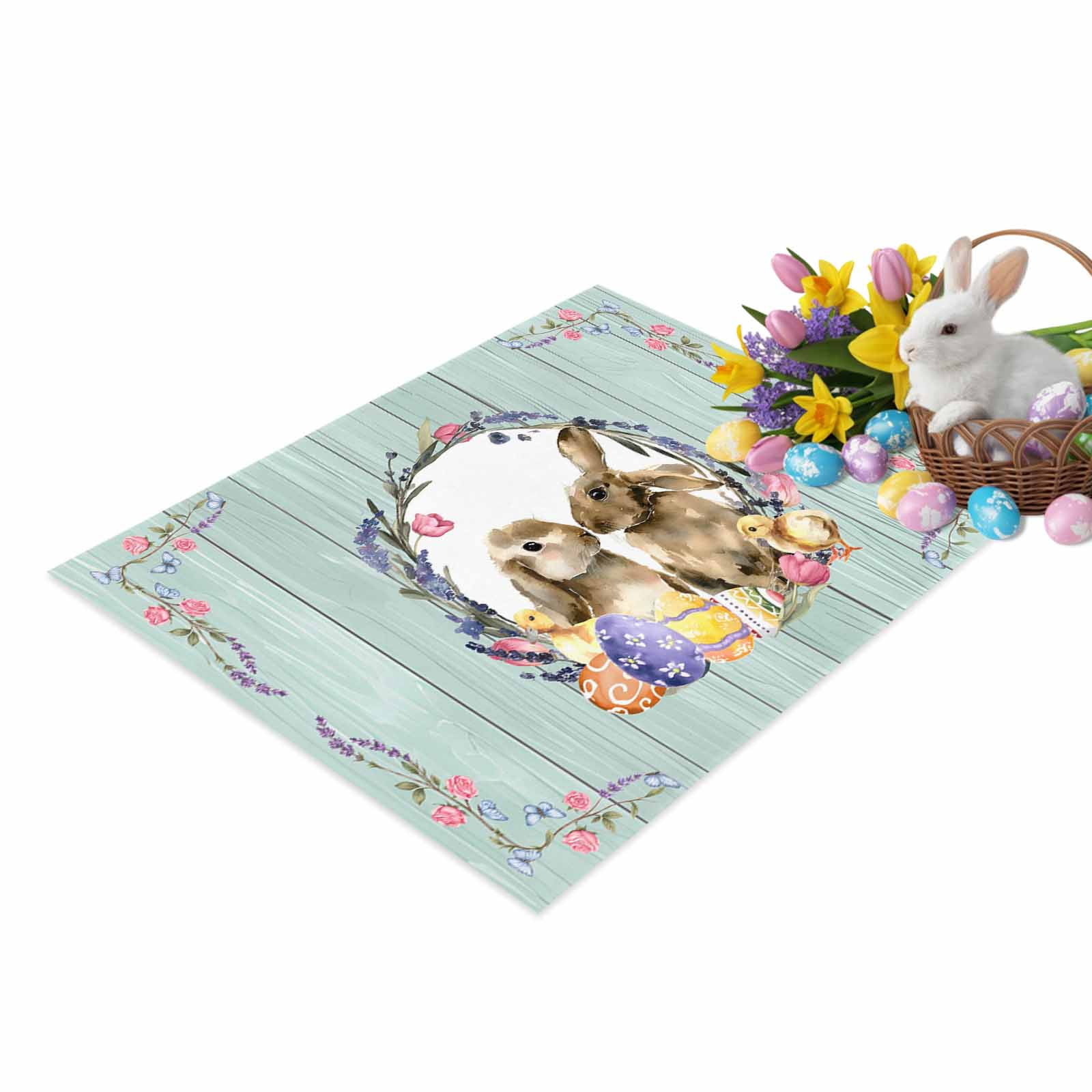 Easter Rabbits Door Mat Watercolor Chicken Pink Purple Yellow Egg ...