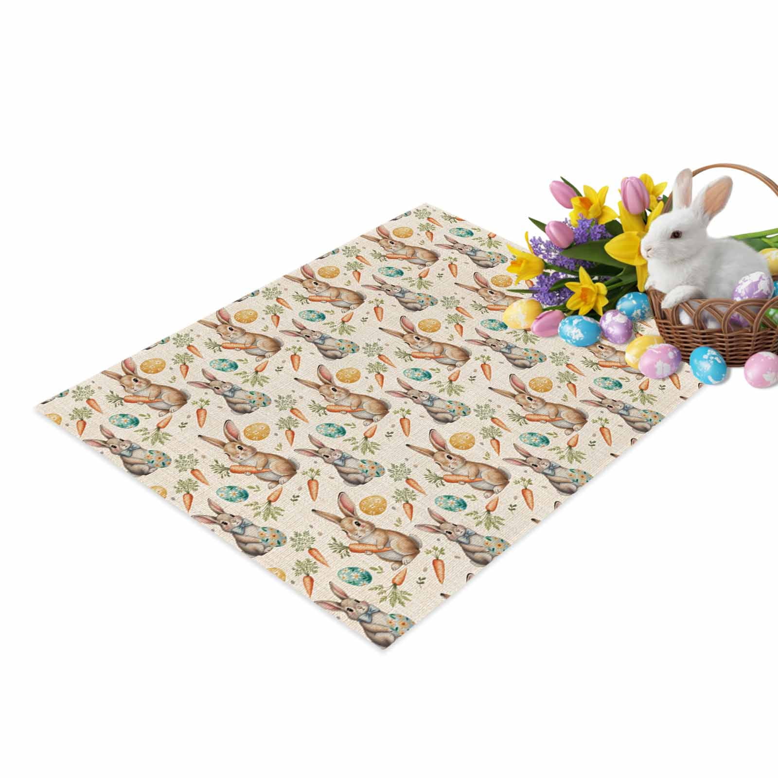 Easter Rabbits Door Mat Watercolor Spring Eggs Carrots Bunny Linen ...