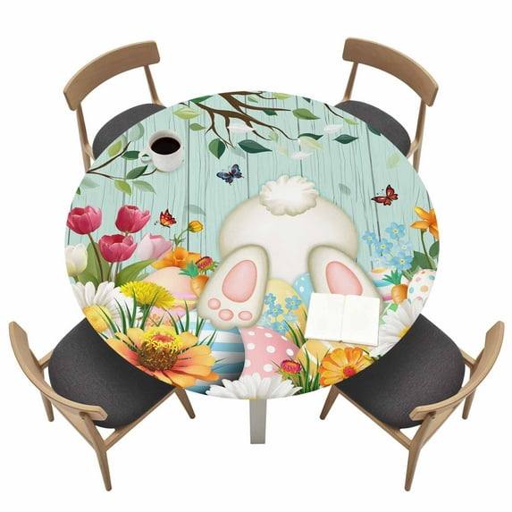 Easter Rabbits Foot Round Fitted Tablecloth with Elastic Edge Flowers ...