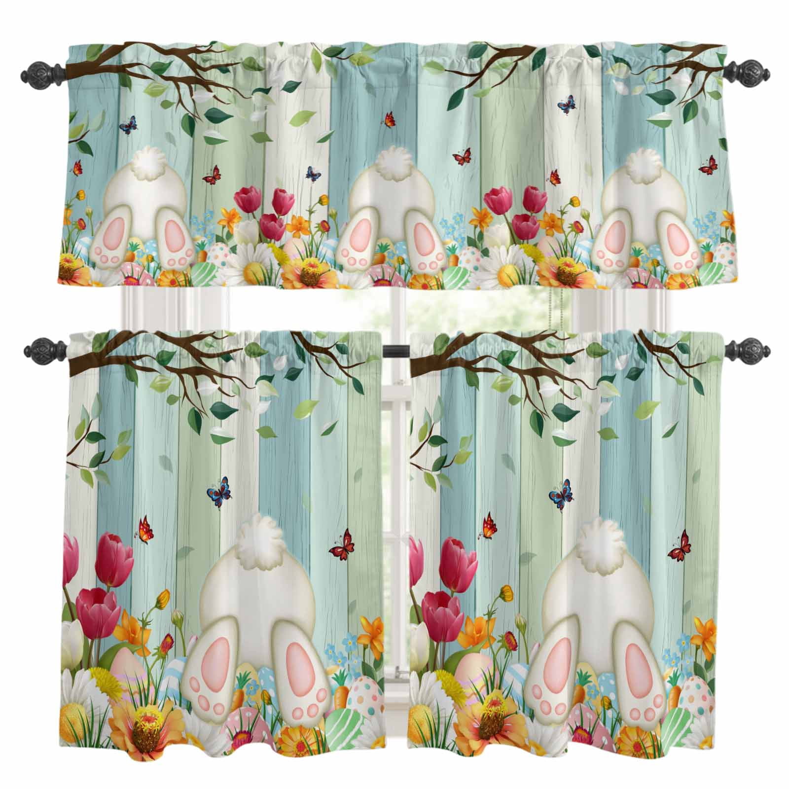 Easter Rabbits Foot Window Curtains Valance Set of 3 Spring Flowers ...