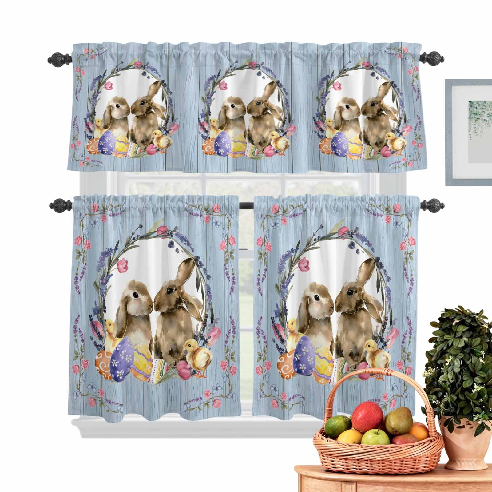 Easter Rabbits Kitchen Curtains Valances 3 Piece Set, Chicken Pink ...