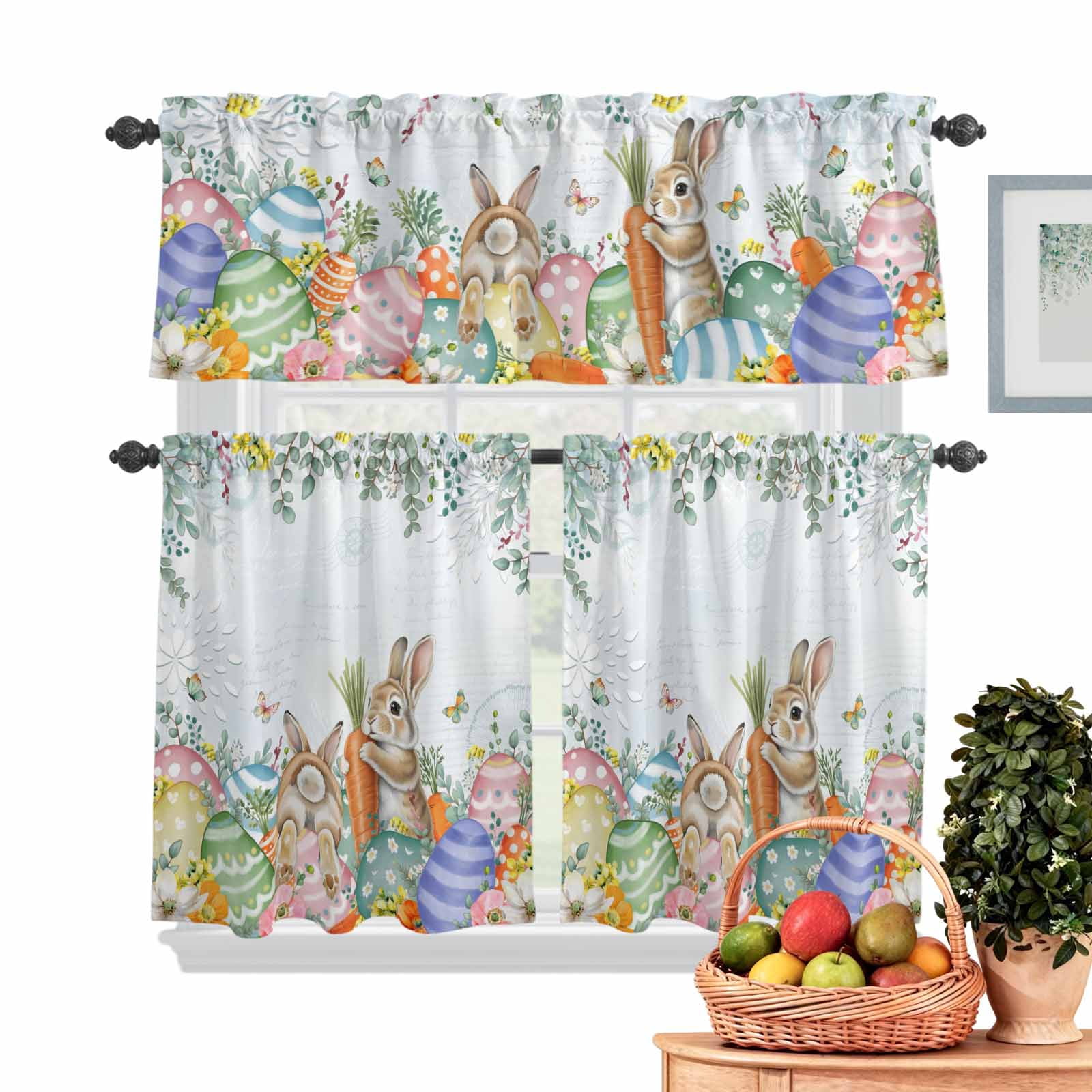 Easter Rabbits Kitchen Curtains Valances 3 Piece Set, Spring Bunny Eggs ...
