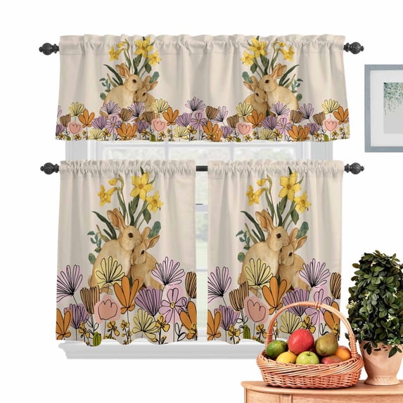 Easter Rabbits Kitchen Curtains Valances 3 Piece Set, Spring Floral ...