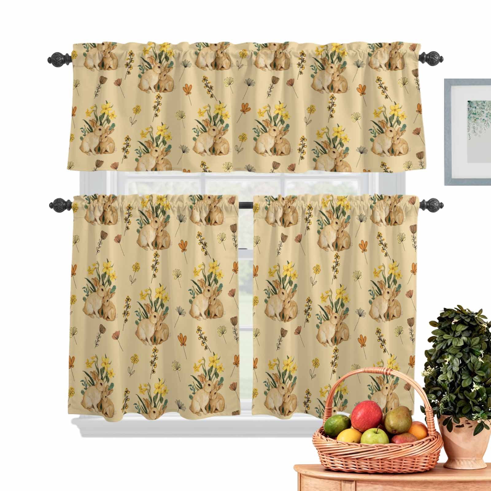 Easter Rabbits Kitchen Curtains Valances 3 Piece Set, Spring Watercolor ...