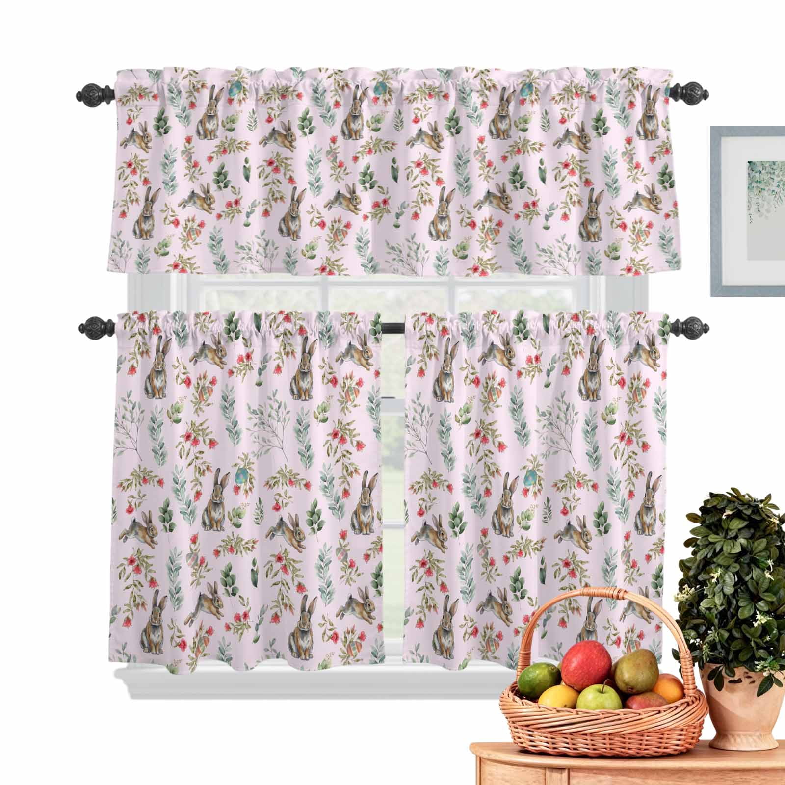 Easter Rabbits Kitchen Curtains Valances 3 Piece Set, Watercolor Spring ...