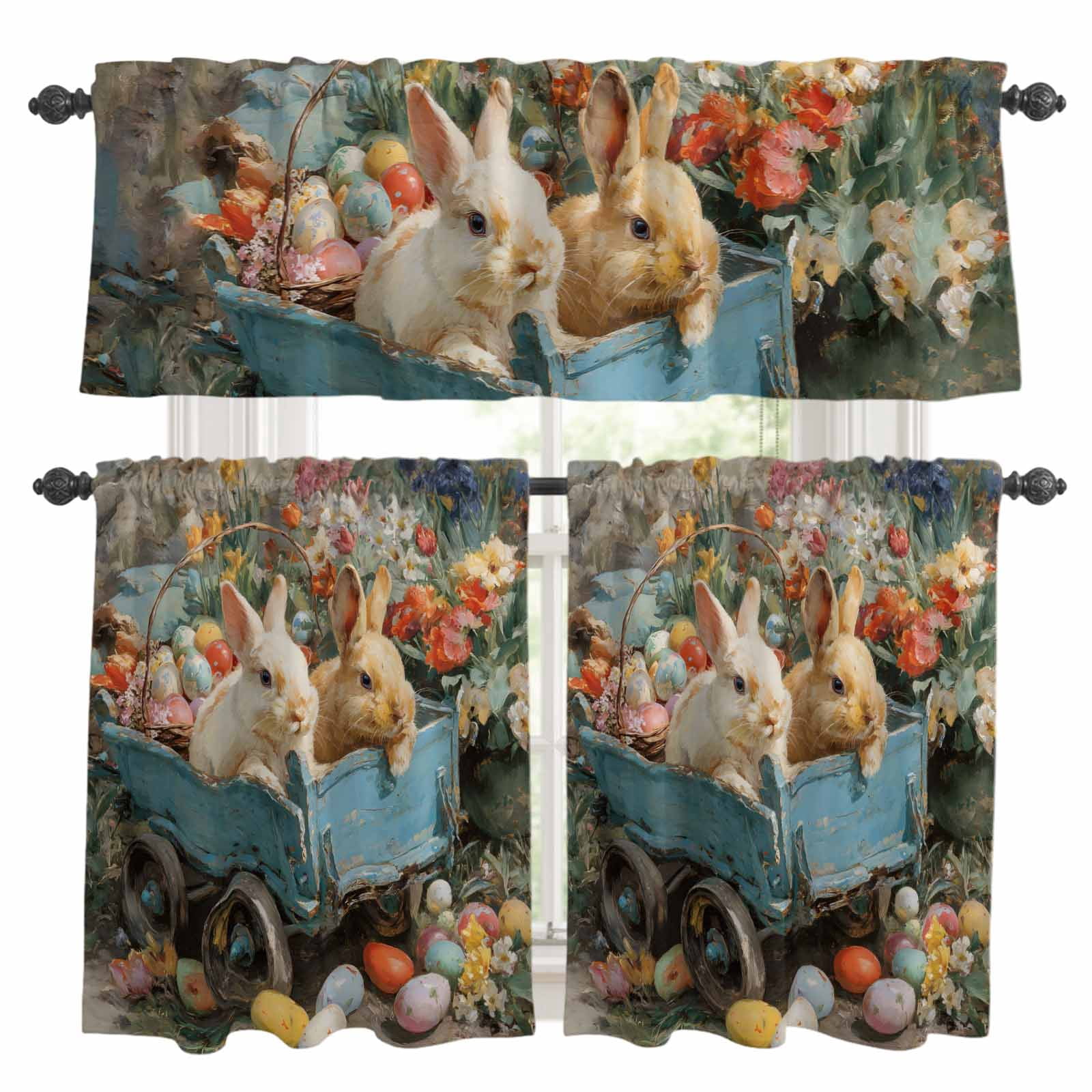 Easter Rabbits Kitchen Curtains and Valances Set, Oil-Painting Car ...