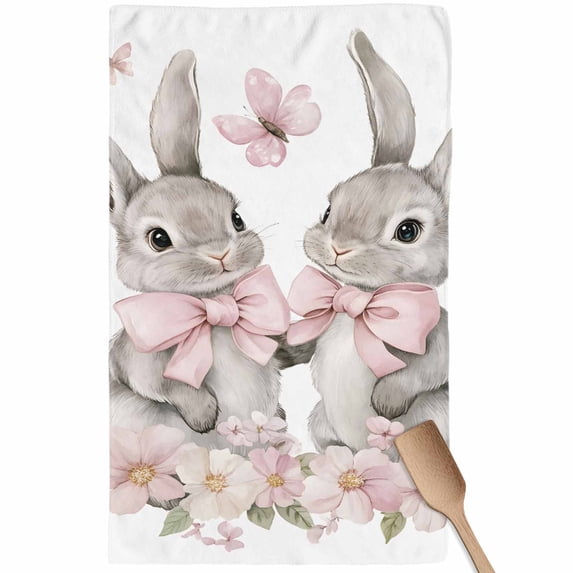 Easter Rabbits Kitchen Towel Pink Flower Bow Quick Dry Absorbent Dish ...