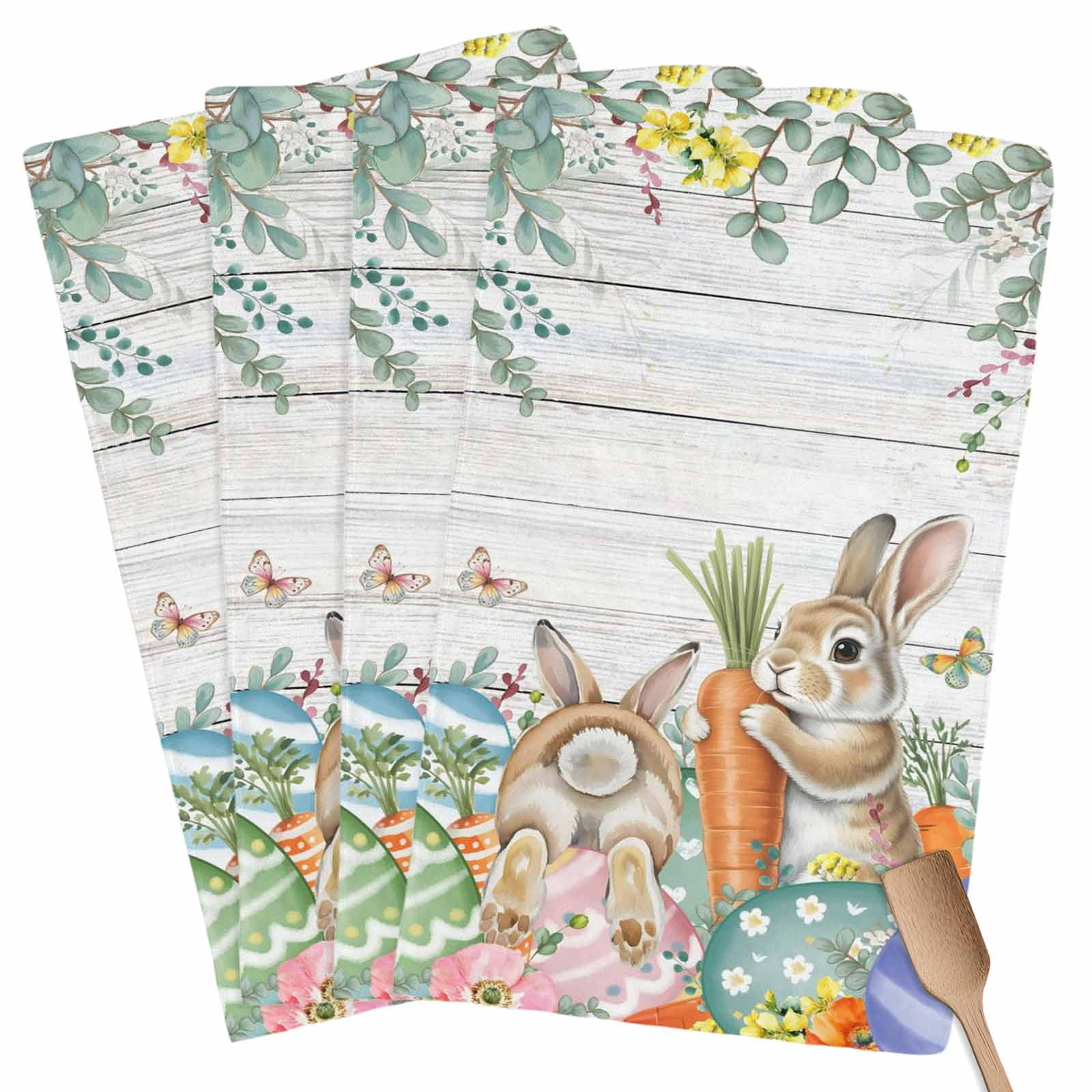 Easter Rabbits Kitchen Towel Spring Bunny Eggs Floral Leaf White Wood ...