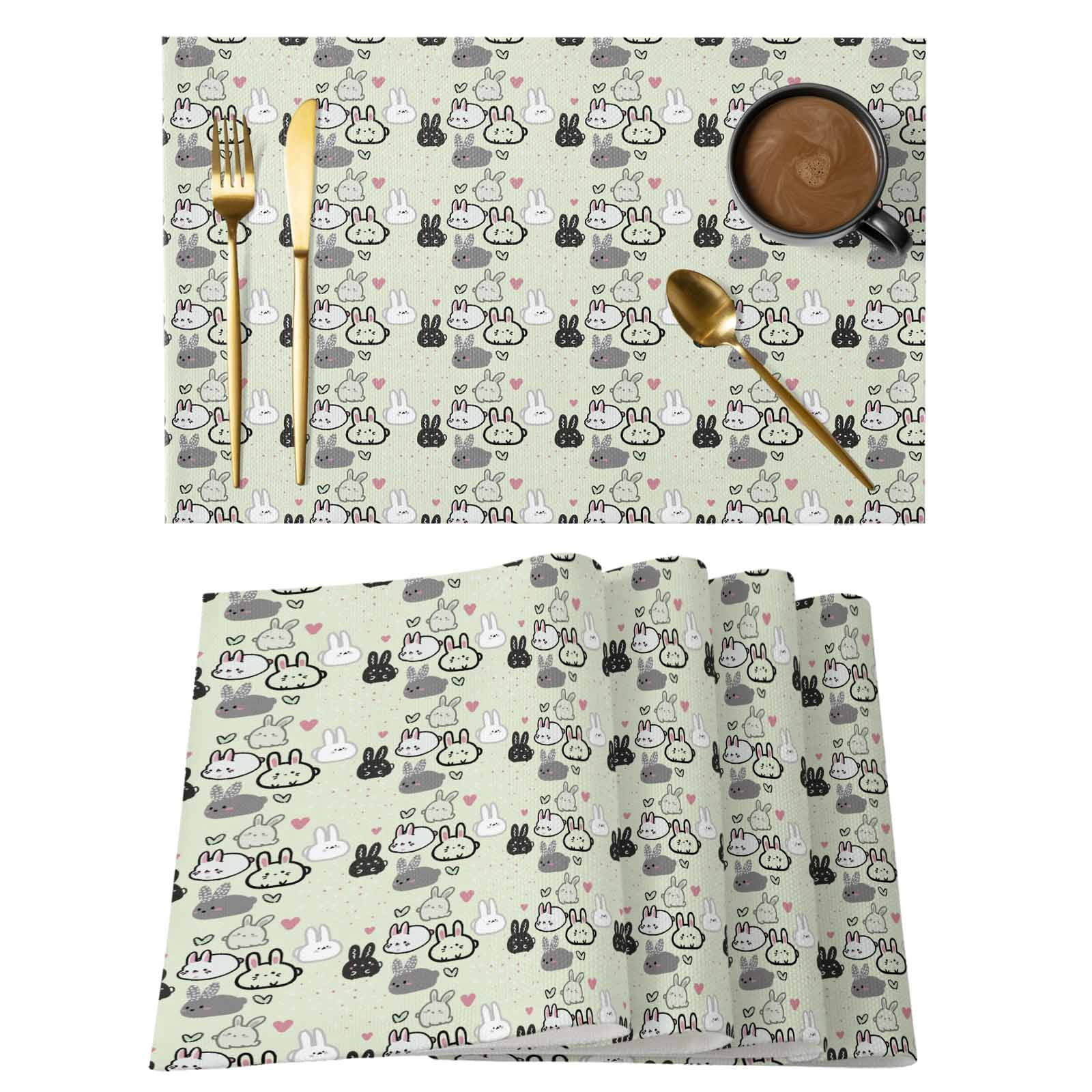 Easter Rabbits Placemats Set of 12, Spring Black Grey White Bunny Heart ...