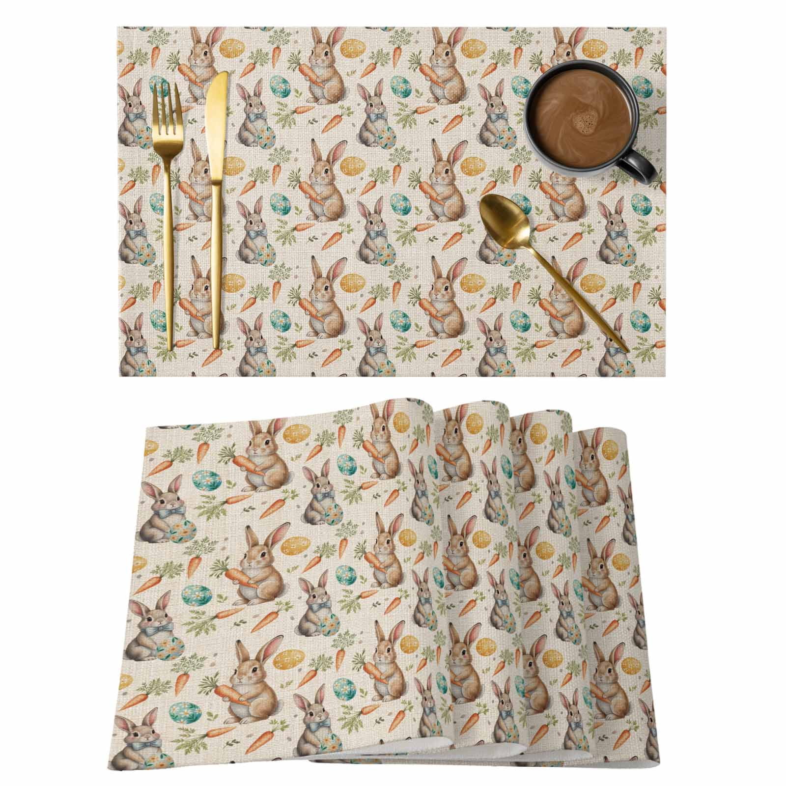 Easter Rabbits Placemats Set of 2, Watercolor Spring Eggs Carrots Bunny ...