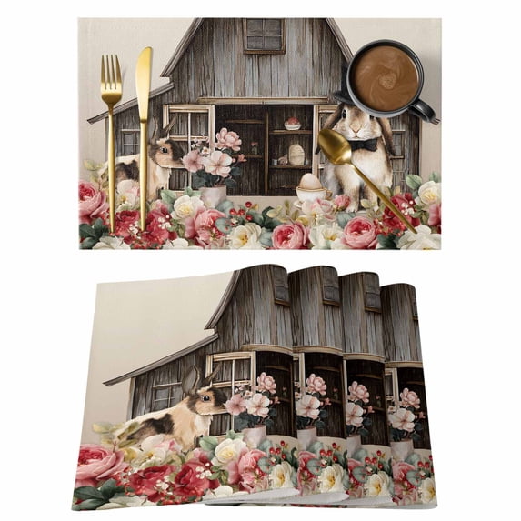Easter Rabbits Placemats Set of 6, Farmhouses Hat Bunny Egg Roses ...