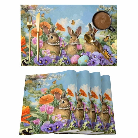 Easter Rabbits Placemats Set of 6, Watercolor Spring Eggs Floral Blue ...