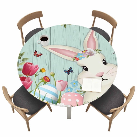 Easter Rabbits Round Fitted Tablecloth with Elastic Edge Cartoon Animal ...