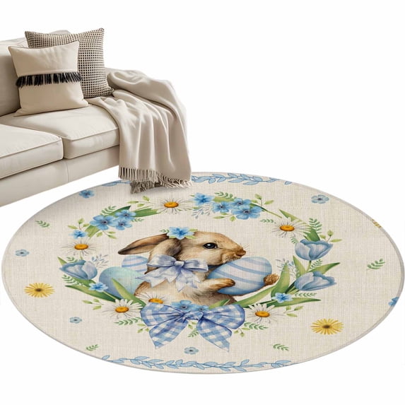 Easter Rabbits Round Rug 3.3Ft Bow Yellow Daisy Blue Tulips Flower Egg ...