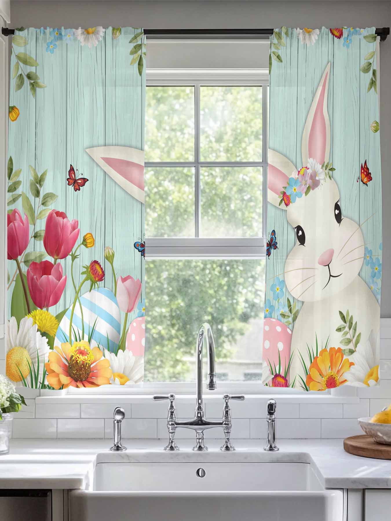 Easter Rabbits Sheer Curtains 2 Panels Set, 52''Wx72''L Cartoon Animal ...