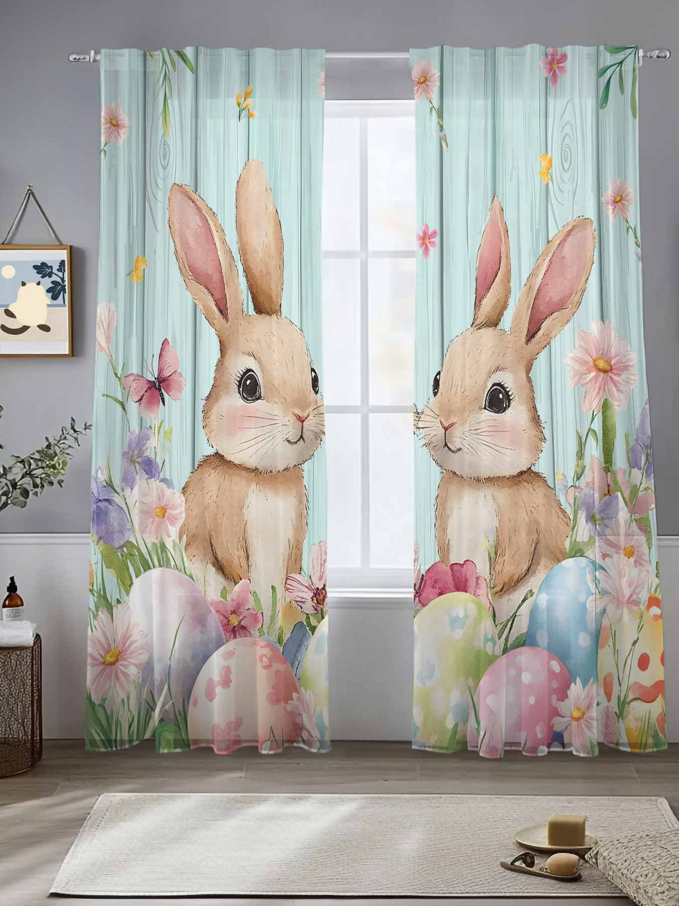 Easter Rabbits Sheer Curtains 2 Panels Set, 52''Wx84''L Spring Colored ...