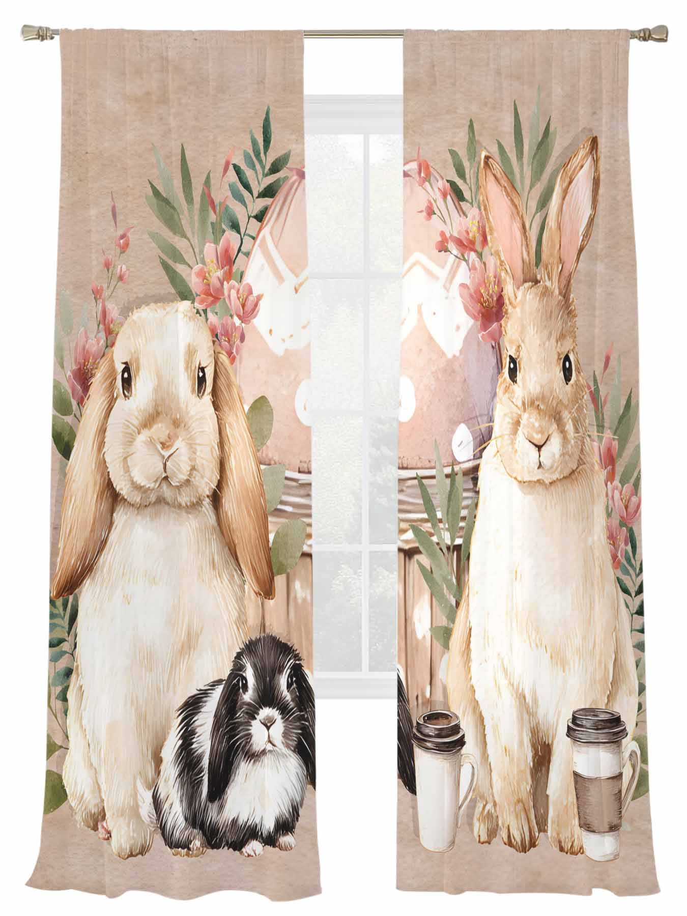 Easter Rabbits Sheer Curtains 2 Panels Set Watercolor Bunny Eggs Coffee ...