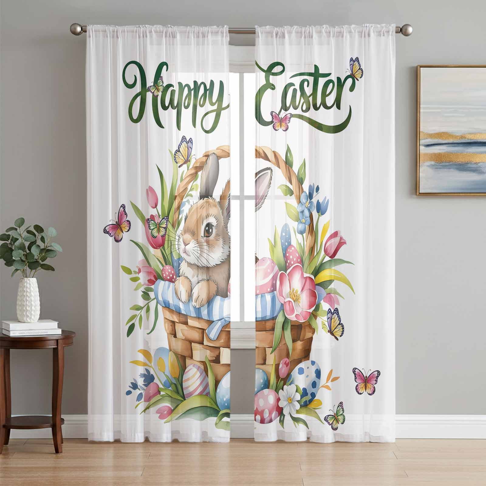 Easter Rabbits Sheer Curtains 63 Inch Length 2 Panels Set, Watercolor ...