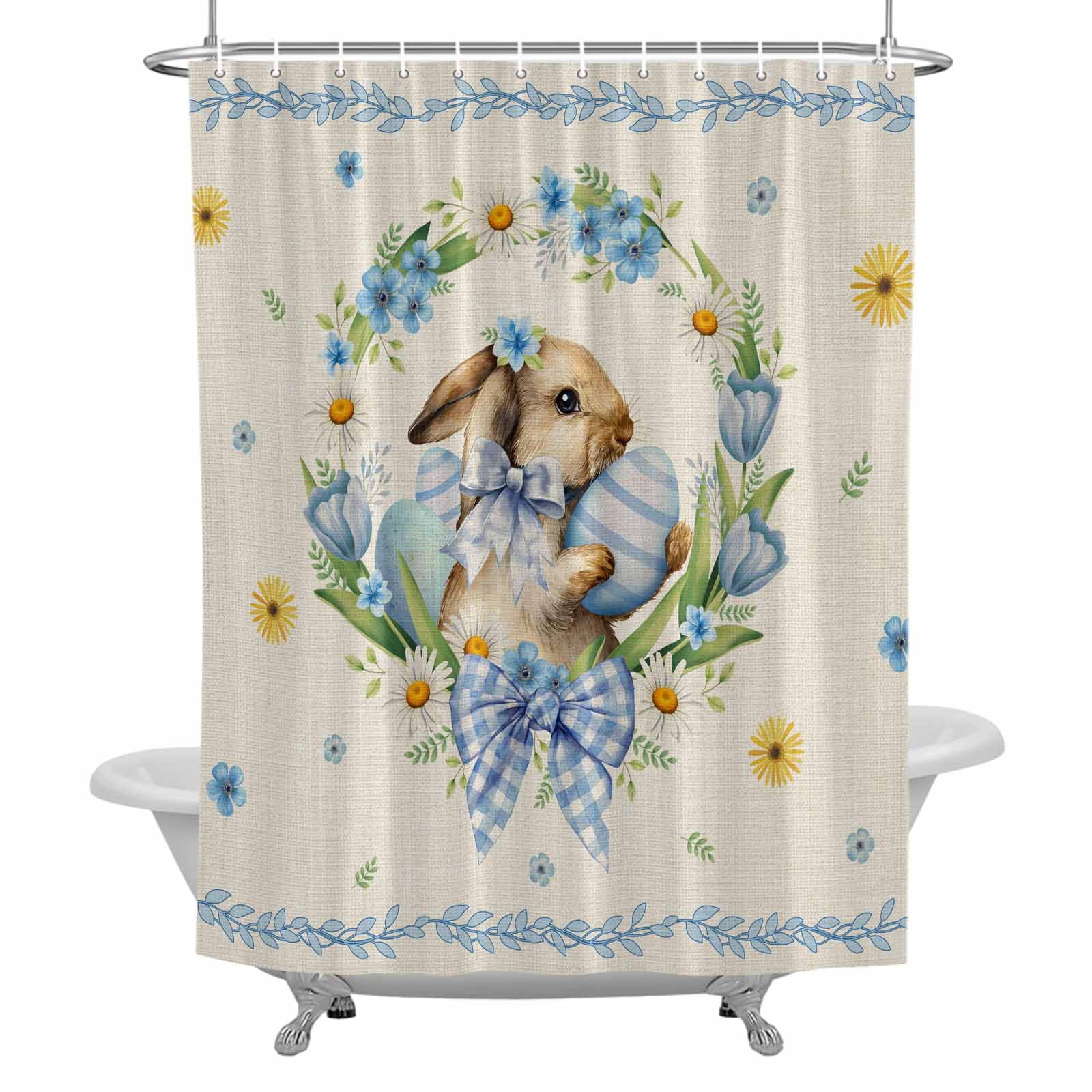 Easter Rabbits Shower Curtain for Bathroom, Bow Yellow Daisy Blue ...