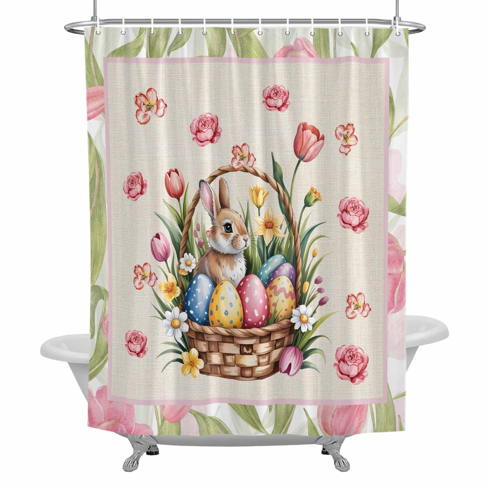 Easter Rabbits Shower Curtain for Bathroom, Pink Flowers Tulips Colored ...