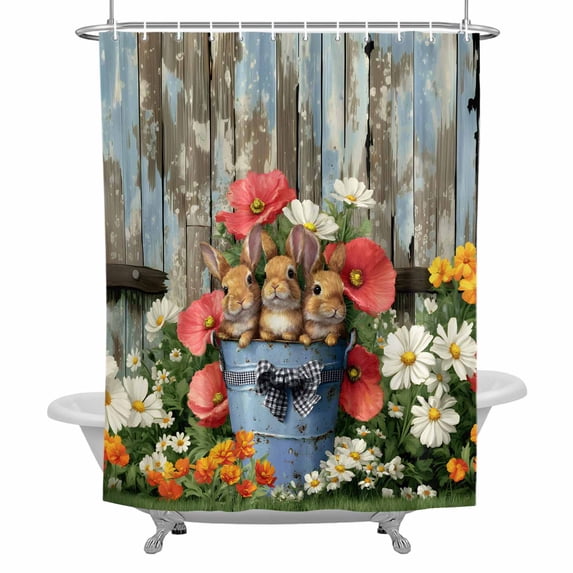 Easter Rabbits Shower Curtain for Bathroom, Retro Country Floral Bucket ...