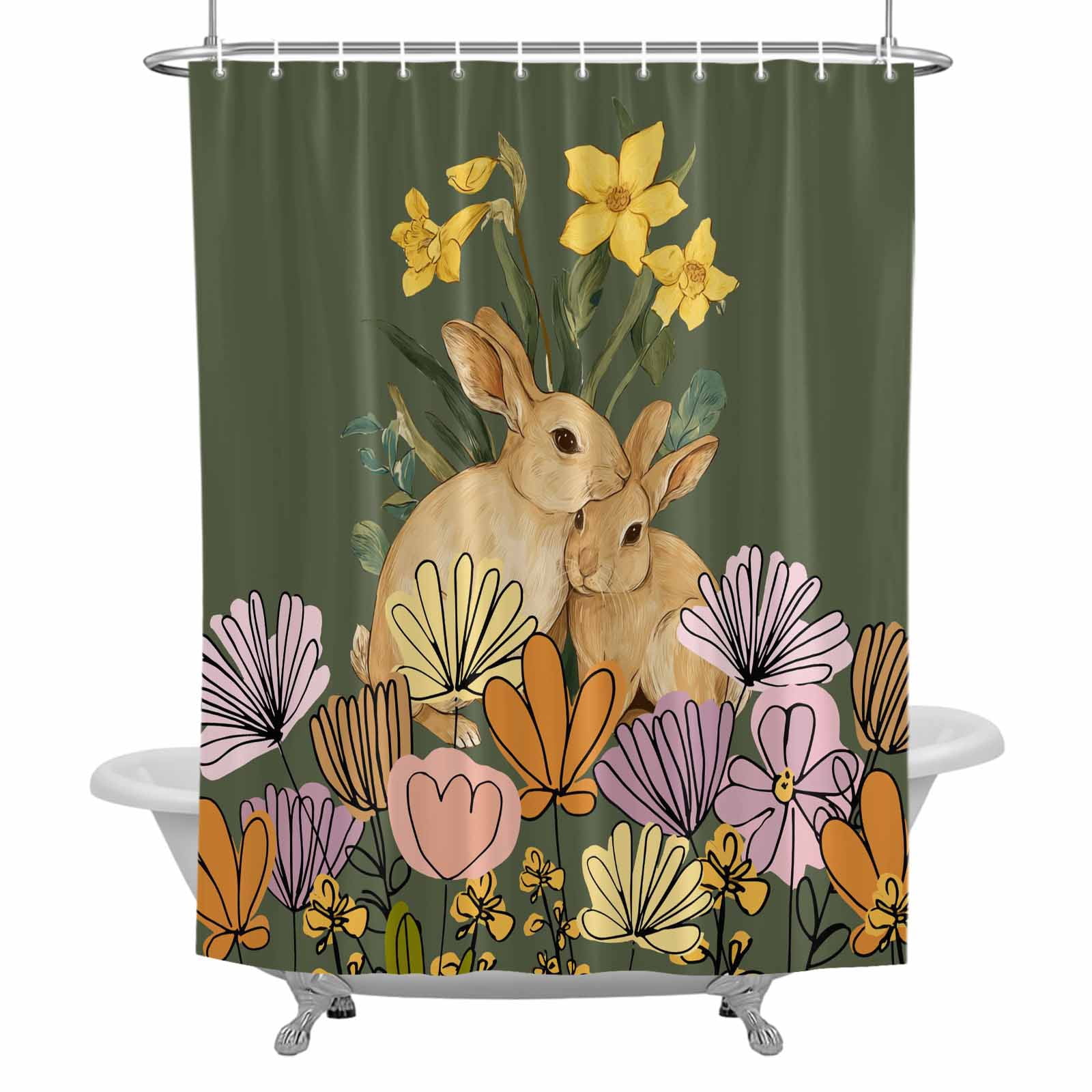 Easter Rabbits Shower Curtain for Bathroom, Spring Floral Leaf Bunny ...