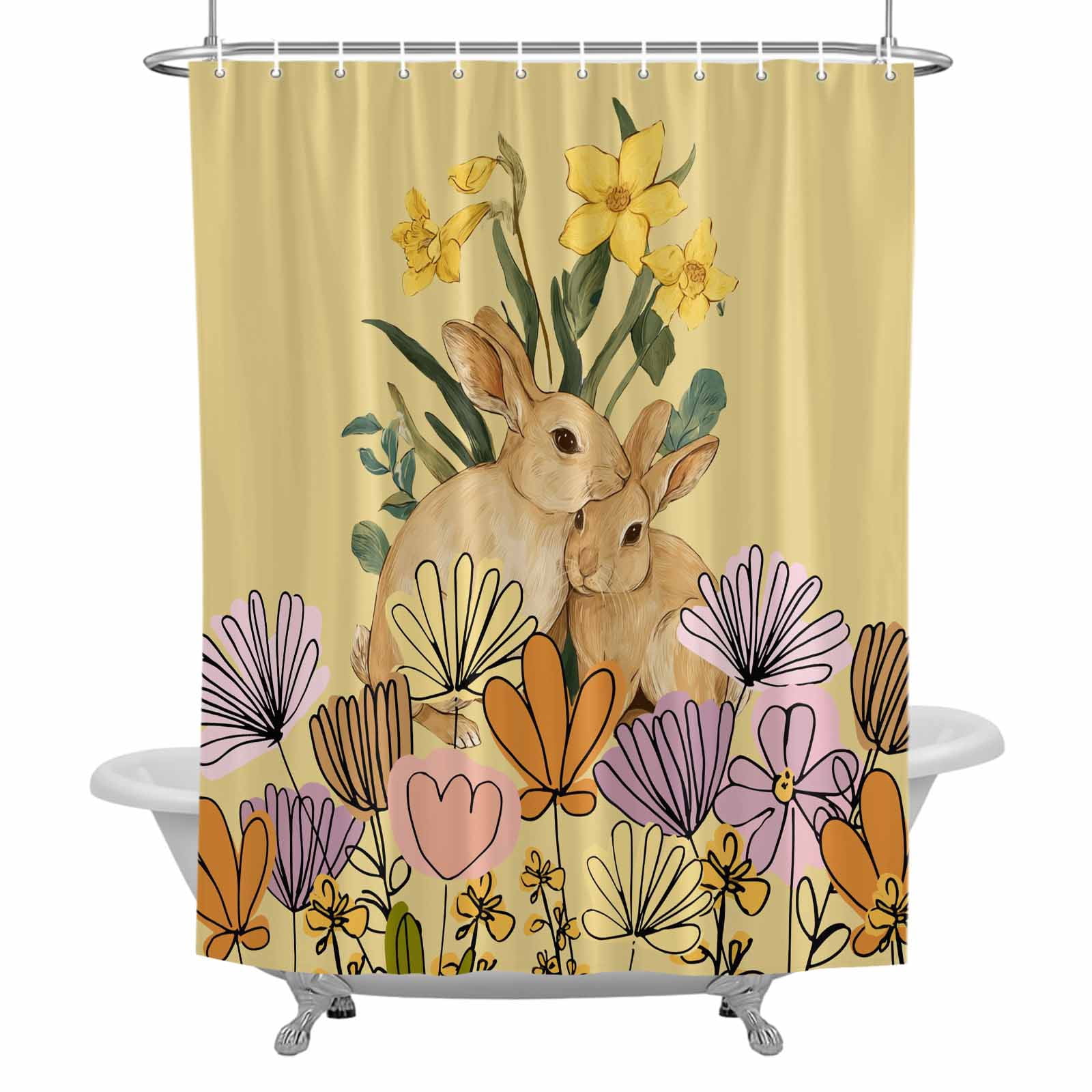 Easter Rabbits Shower Curtain for Bathroom, Spring Floral Leaf Bunny ...