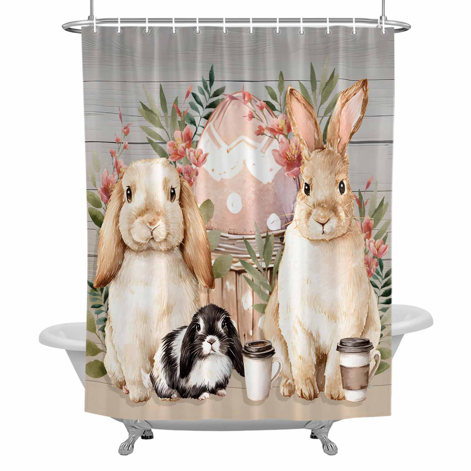 Easter Rabbits Shower Curtain for Bathroom, Watercolor Bunny Eggs ...