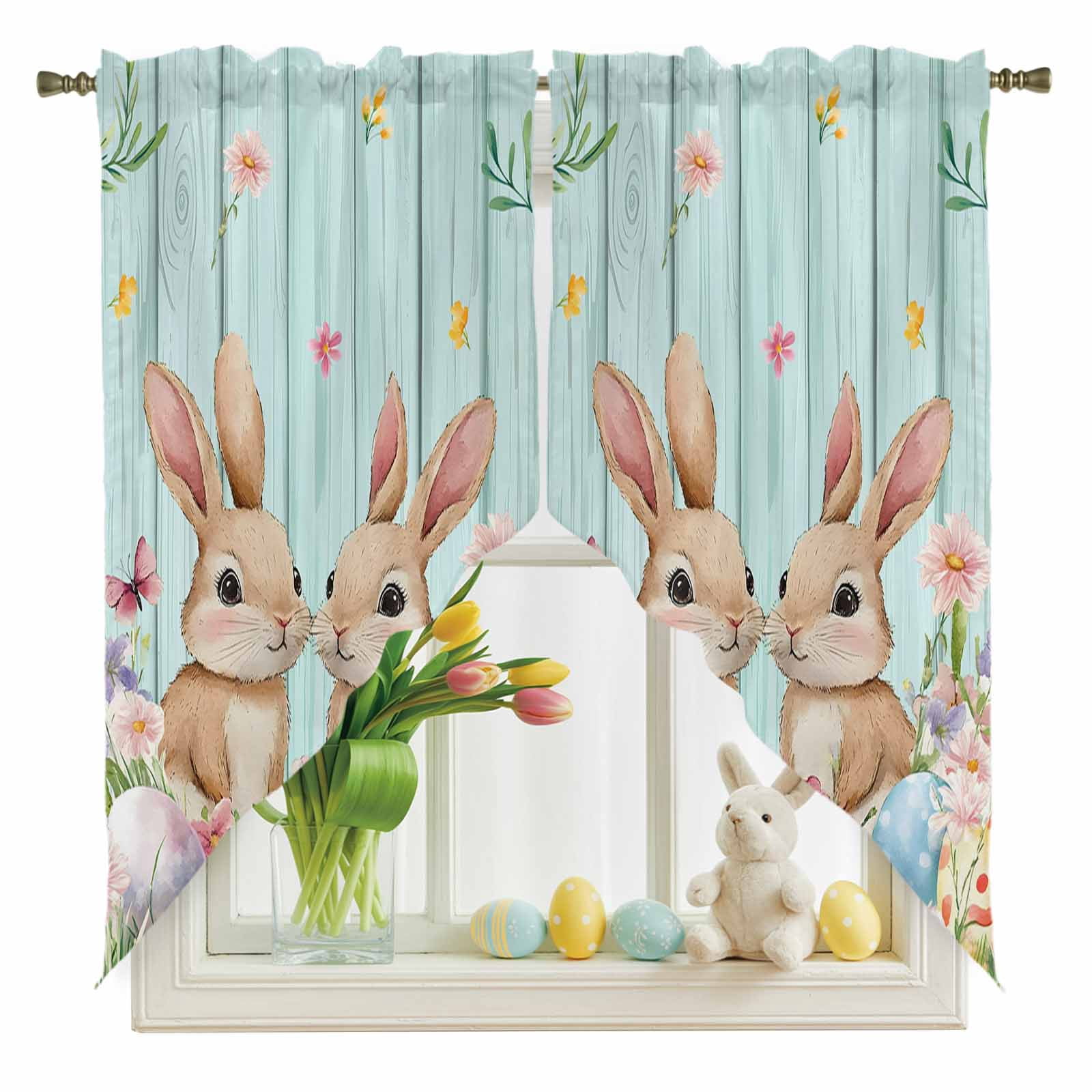 Easter Rabbits Swag Valance Curtains Spring Colored Eggs Floral Green ...