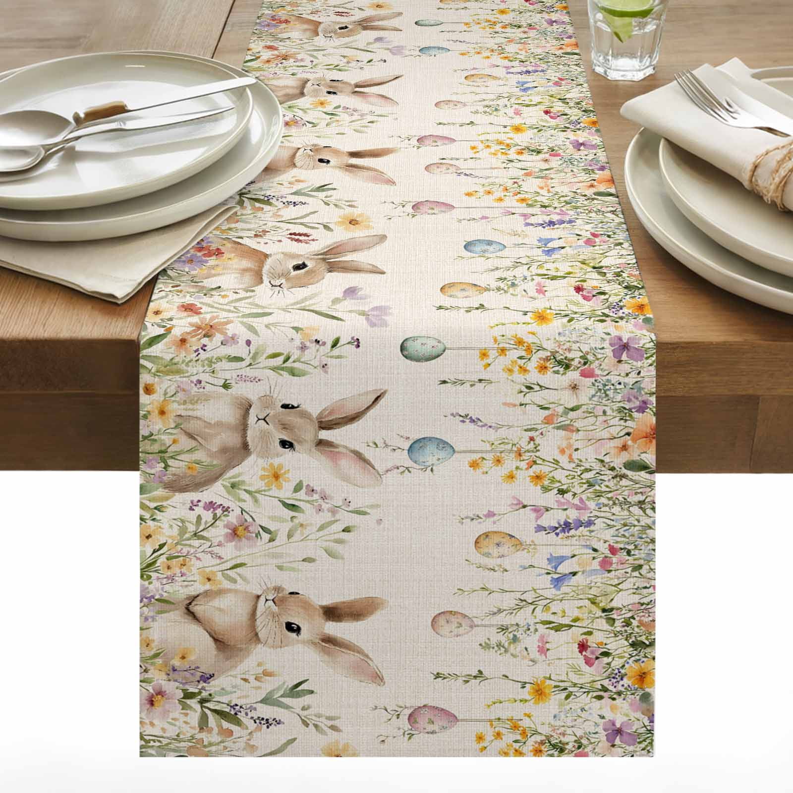 Easter Rabbits Table Runner 13x108 inch Vintage Colorful Falling Eggs ...