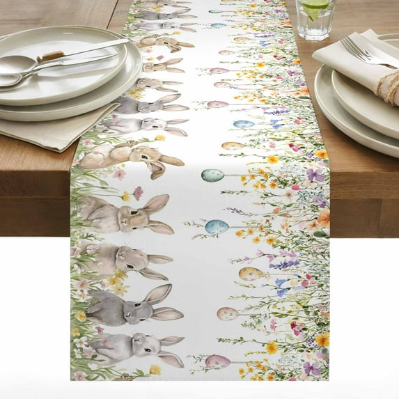 Easter Rabbits Table Runner 13x120 inch Watercolor Falling Eggs Spring ...