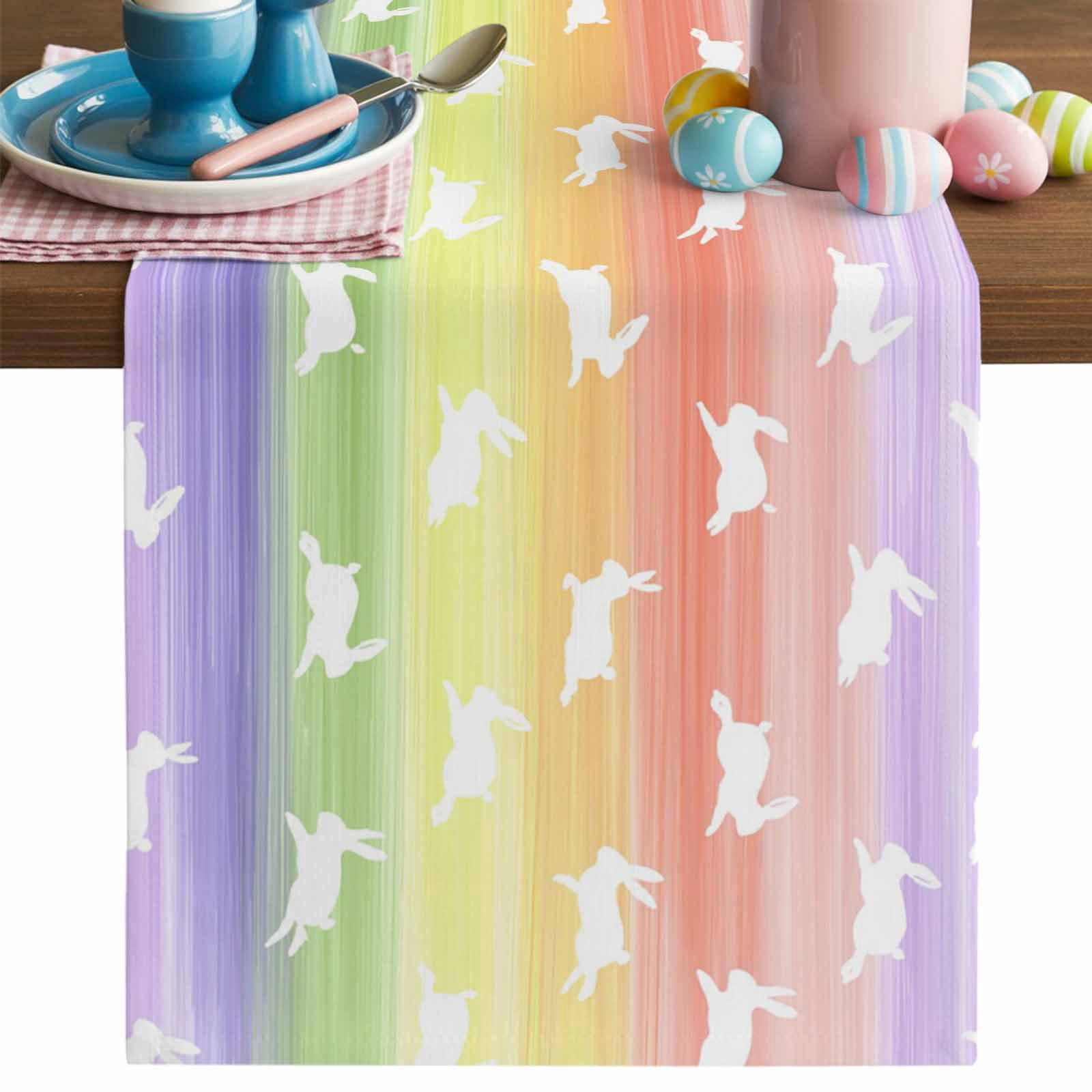 Easter Rabbits Table Runner, Abstract White Bunny Rainbow Color ...