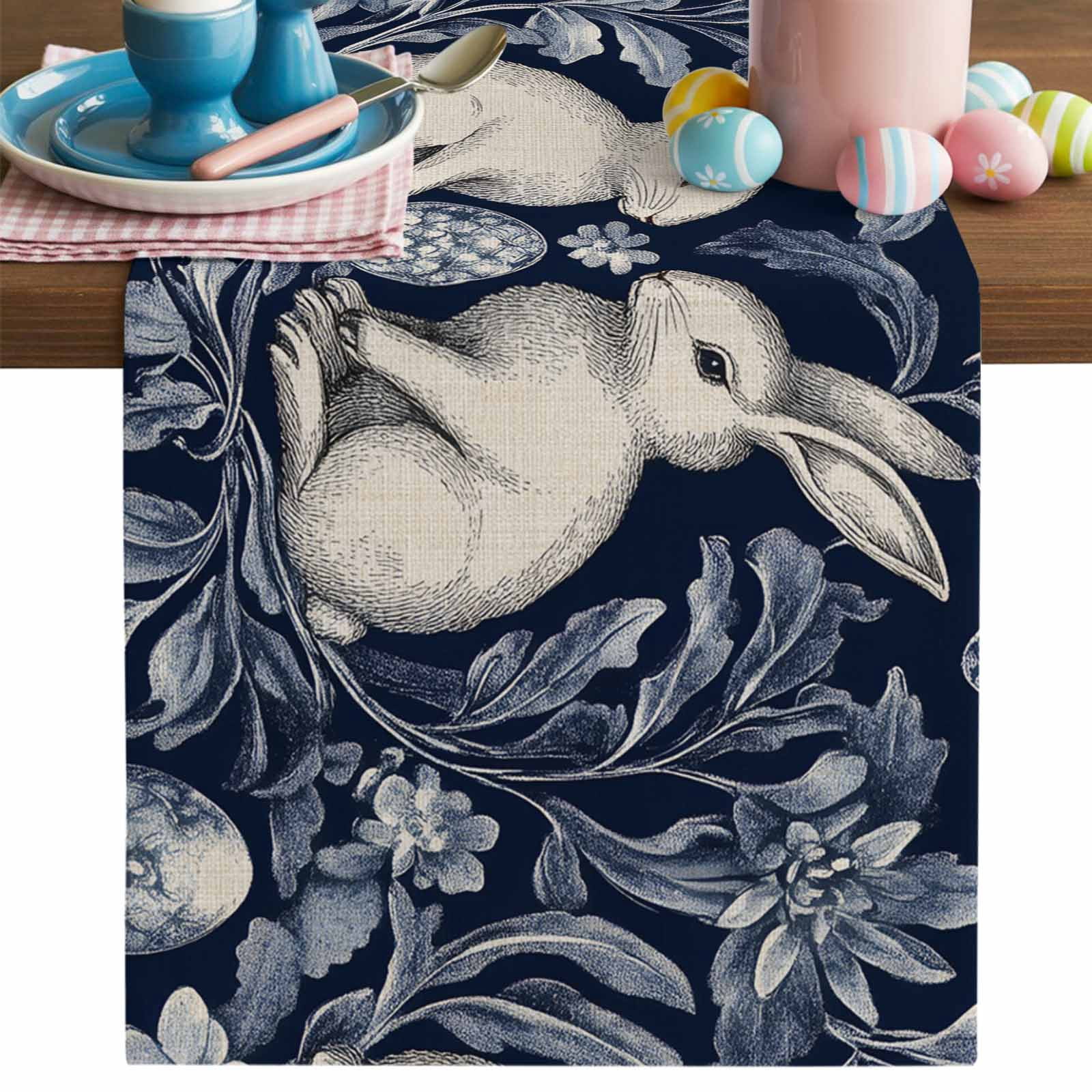 Easter Rabbits Table Runner, Country Blue Bunny Easter Egg Flowers Leaf ...