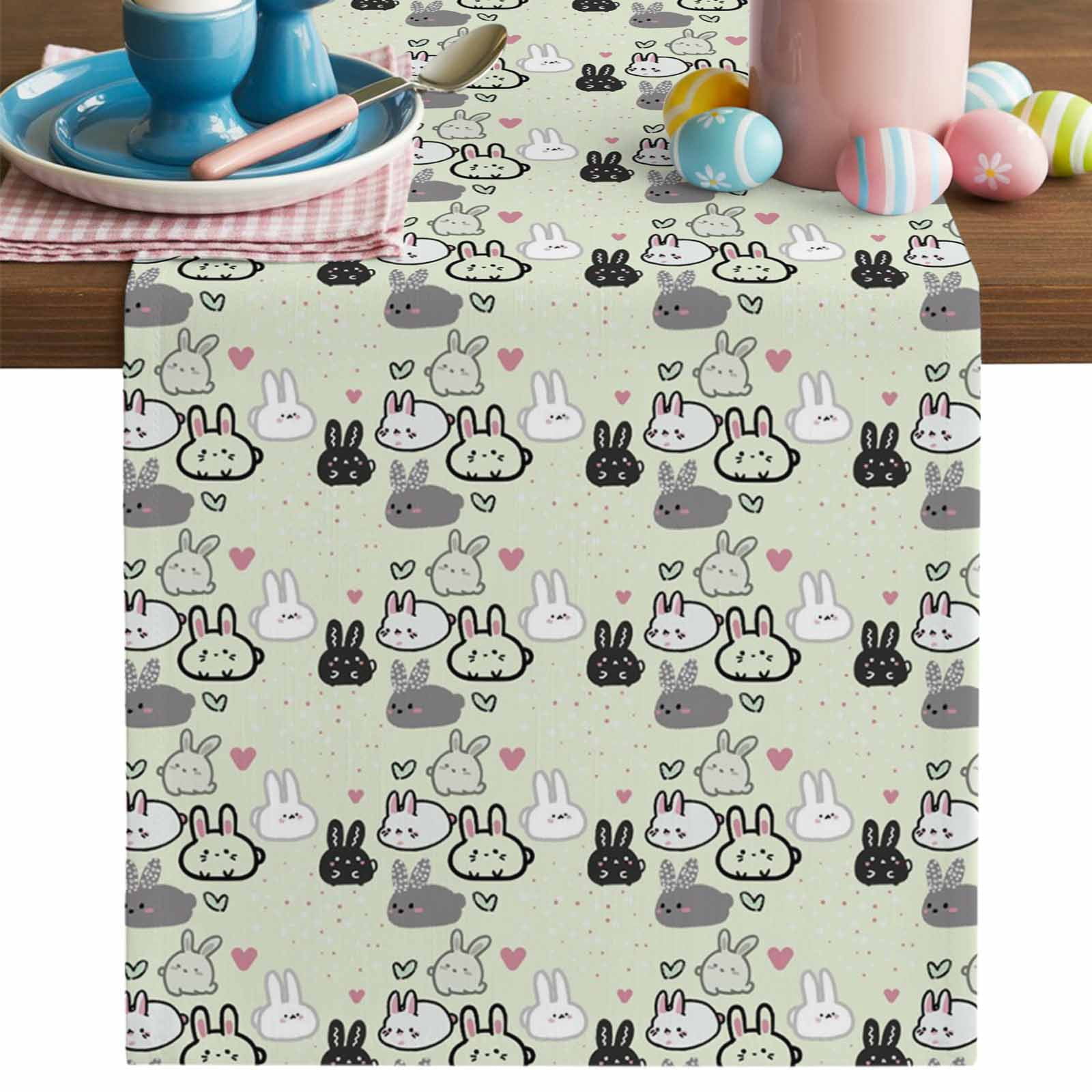 Easter Rabbits Table Runner, Spring Black Grey White Bunny Heart Green ...