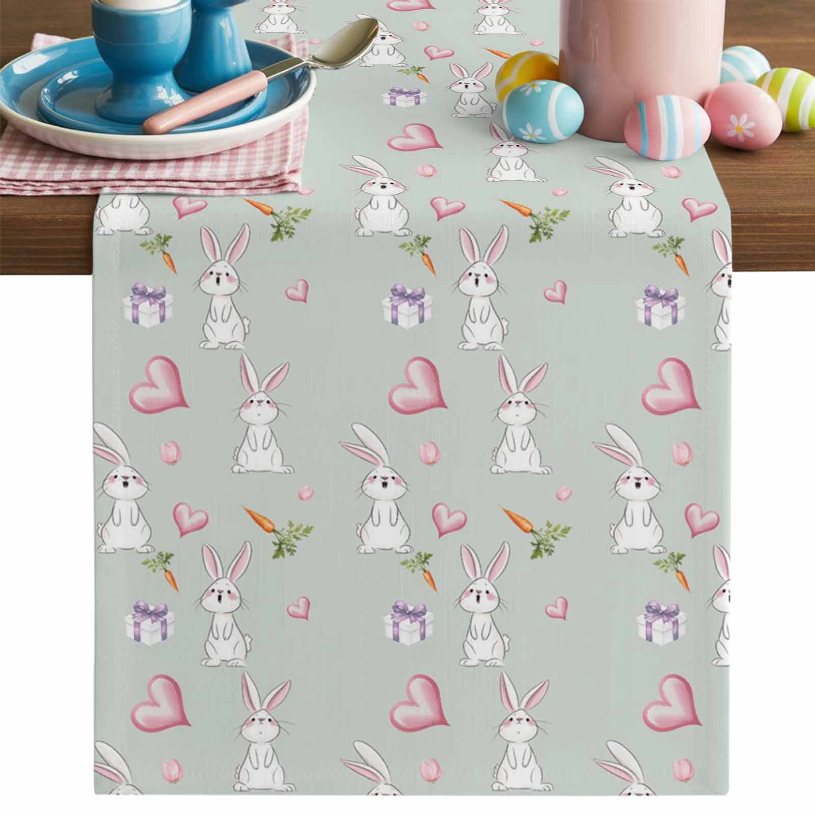 Easter Rabbits Table Runner, Spring Bunny Carrots Love Gift Boxes Green ...