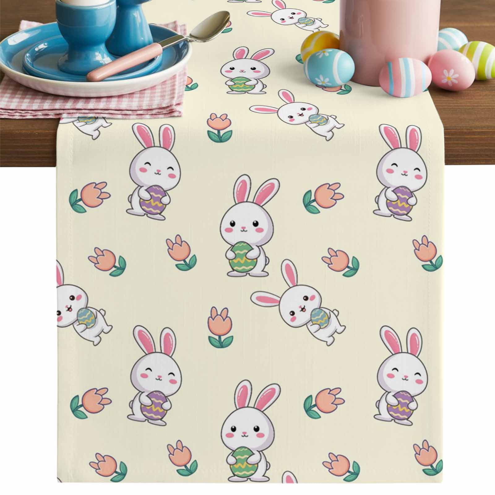 Easter Rabbits Table Runner, Spring Bunny Easter Eggs Pink Floral ...