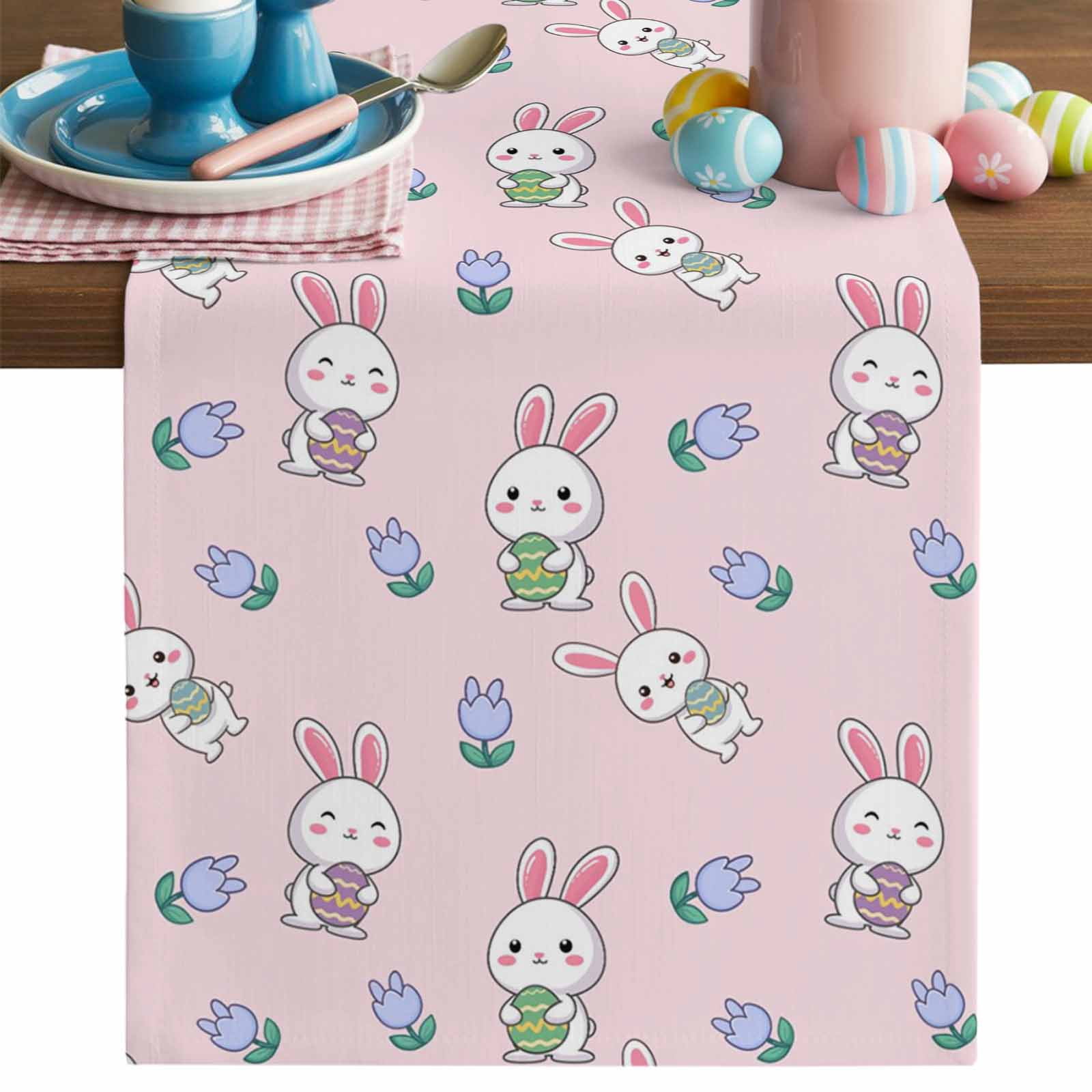 Easter Rabbits Table Runner, Spring Bunny Easter Eggs Purple Floral ...
