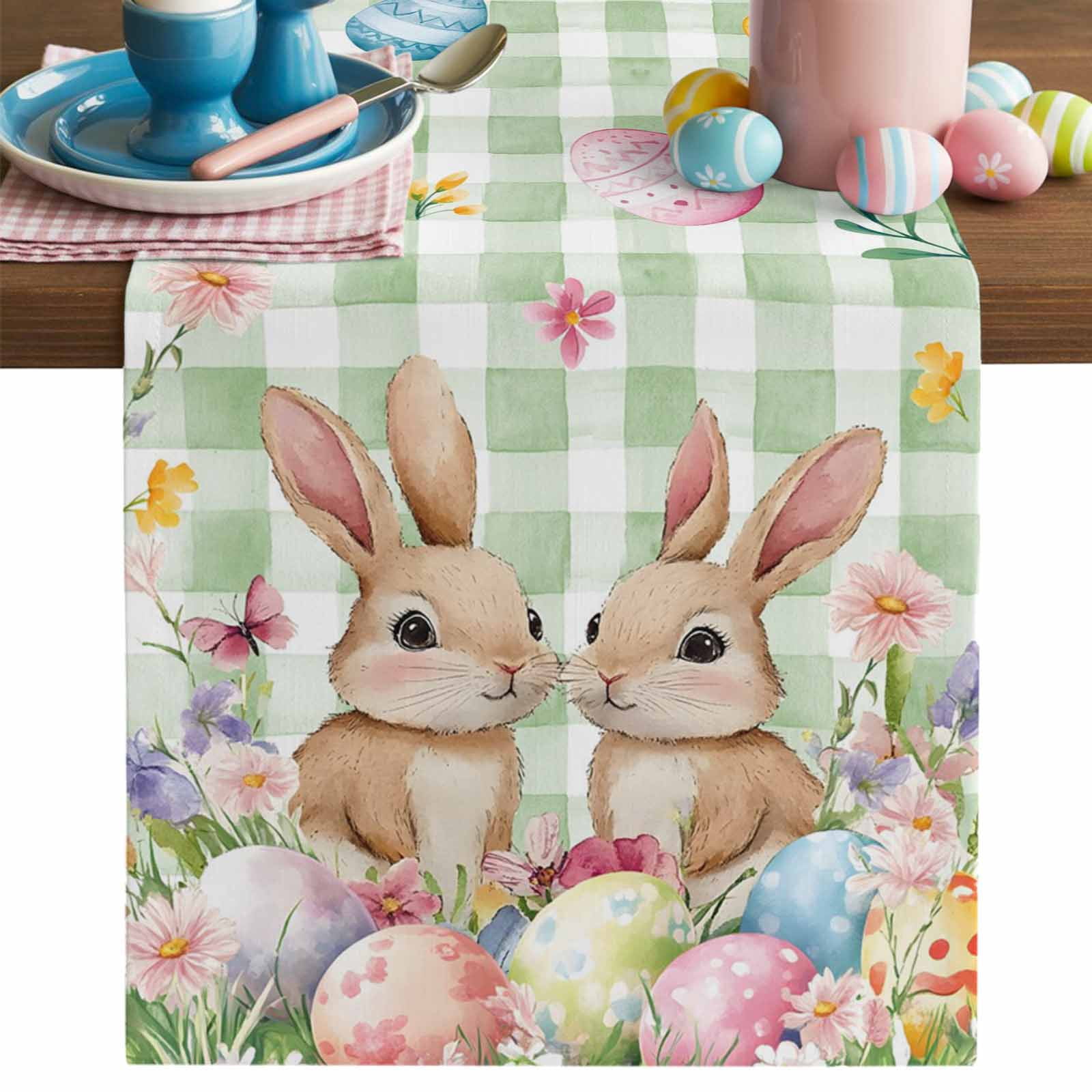 Easter Rabbits Table Runner, Spring Colored Eggs Floral Green Plaid ...