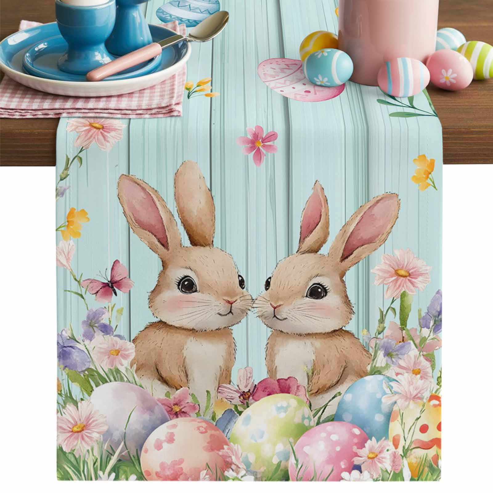 Easter Rabbits Table Runner, Spring Colored Eggs Floral Green Wood ...