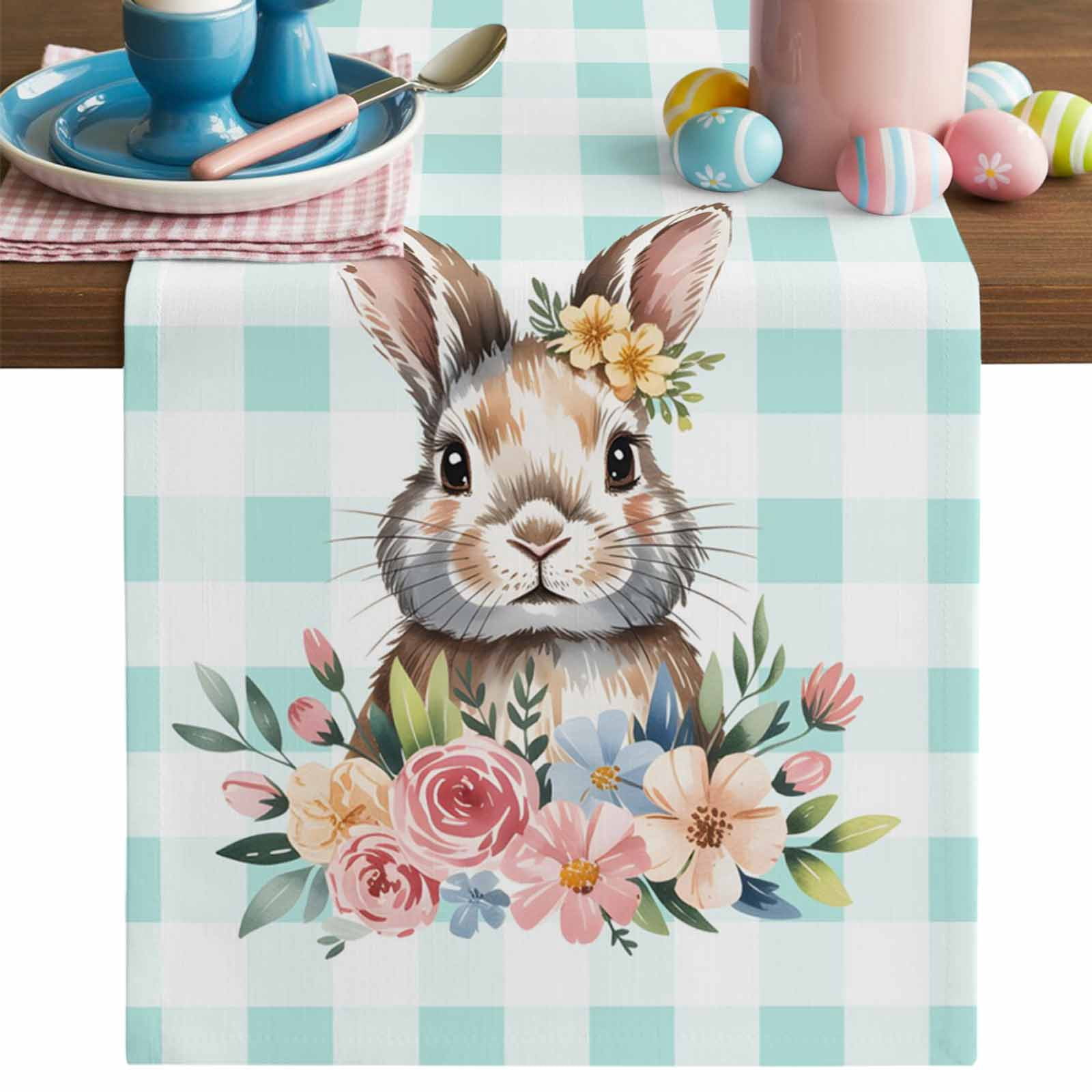 Easter Rabbits Table Runner, Watercolor Bunny Flower Leaf Teal Green ...