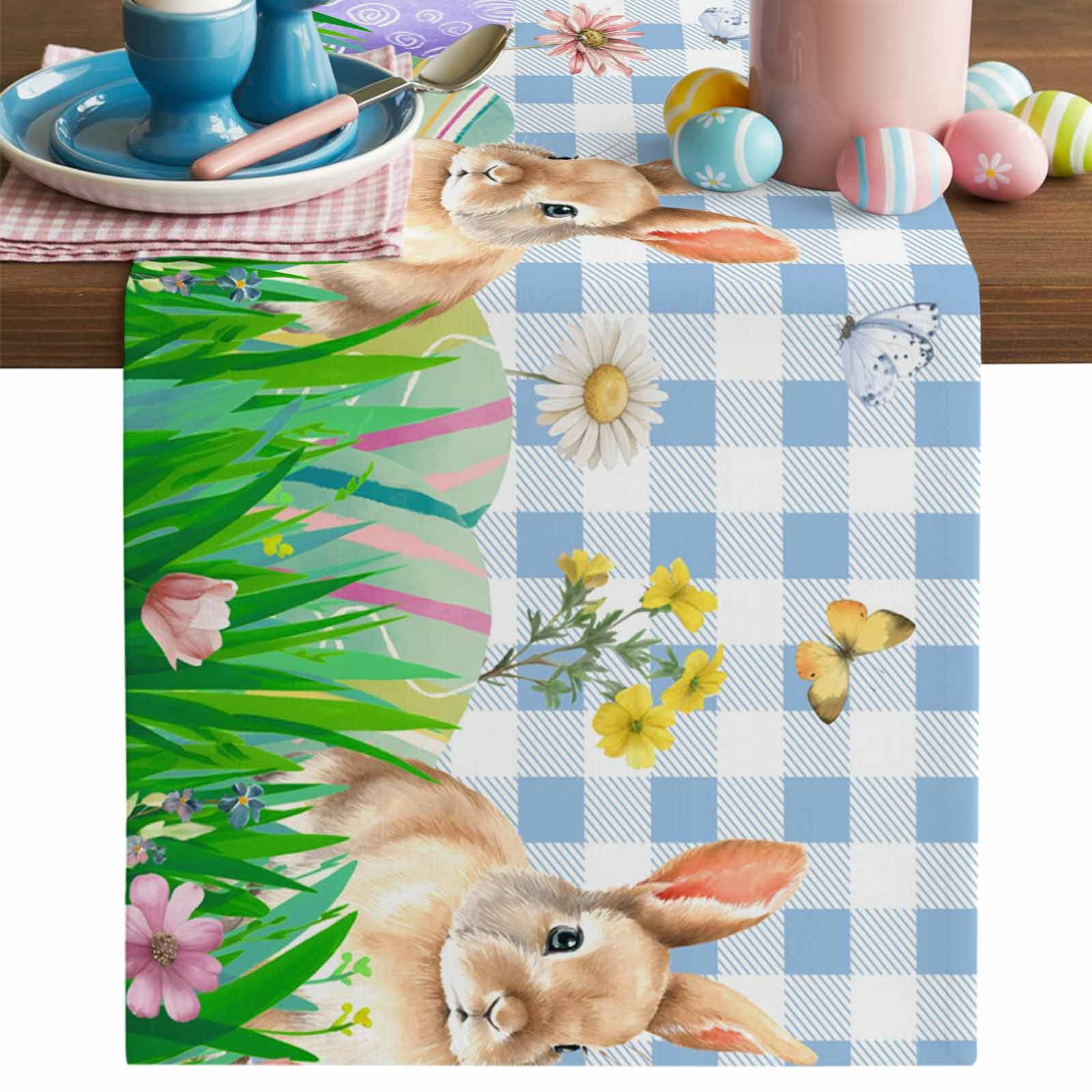 Easter Rabbits Table Runner, Watercolor Colorful Eggs Floral Grass ...