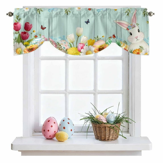 Easter Rabbits Tie Up Valances Curtain, Cartoon Animal Egg Floral Leaf ...