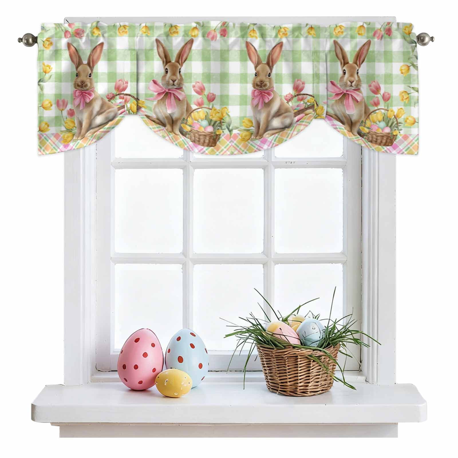Easter Rabbits Tie Up Valances Curtain, Spring Bowknots Bunny Floral ...