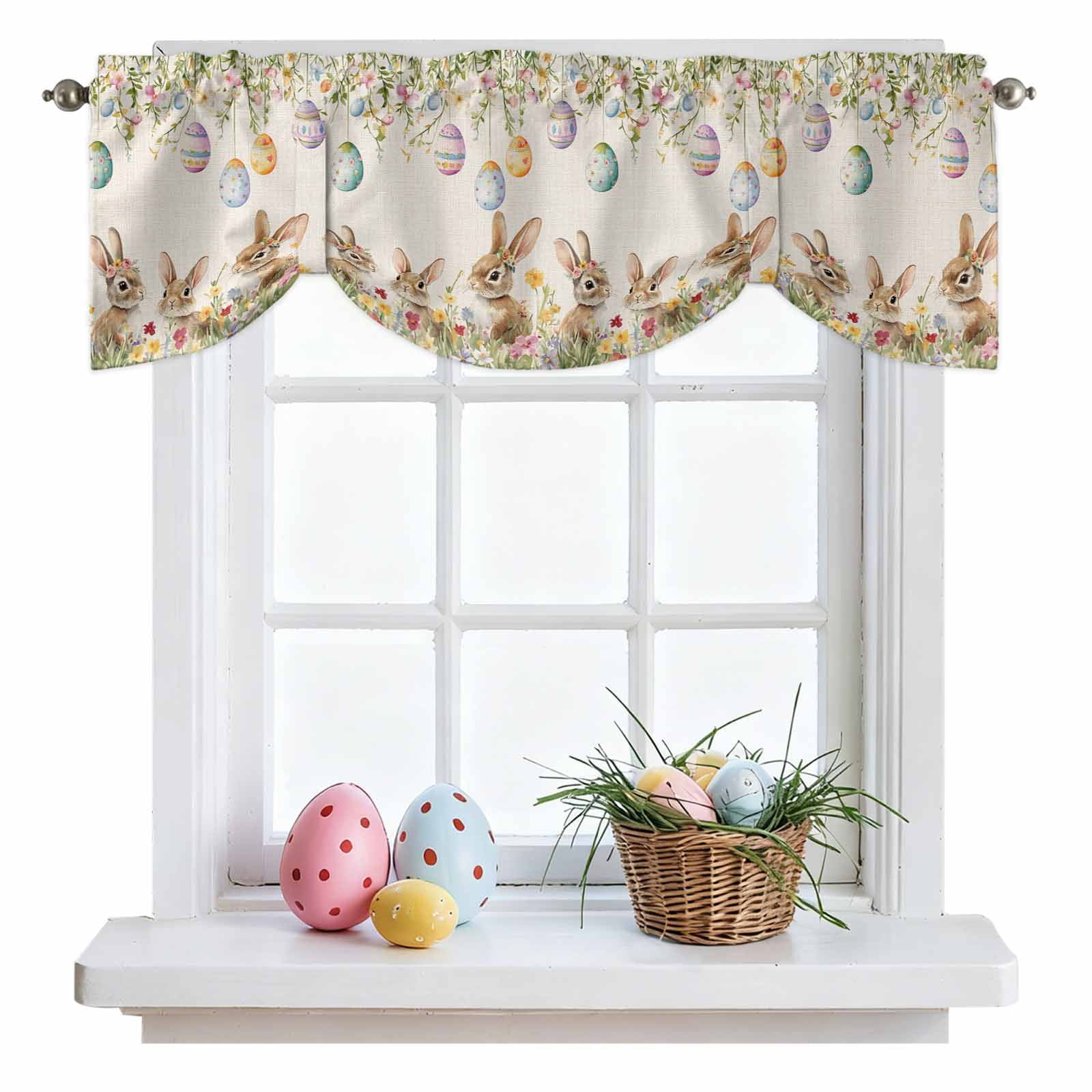 Easter Rabbits Tie Up Valances Curtain, Vintage Falling Colorful Egg ...