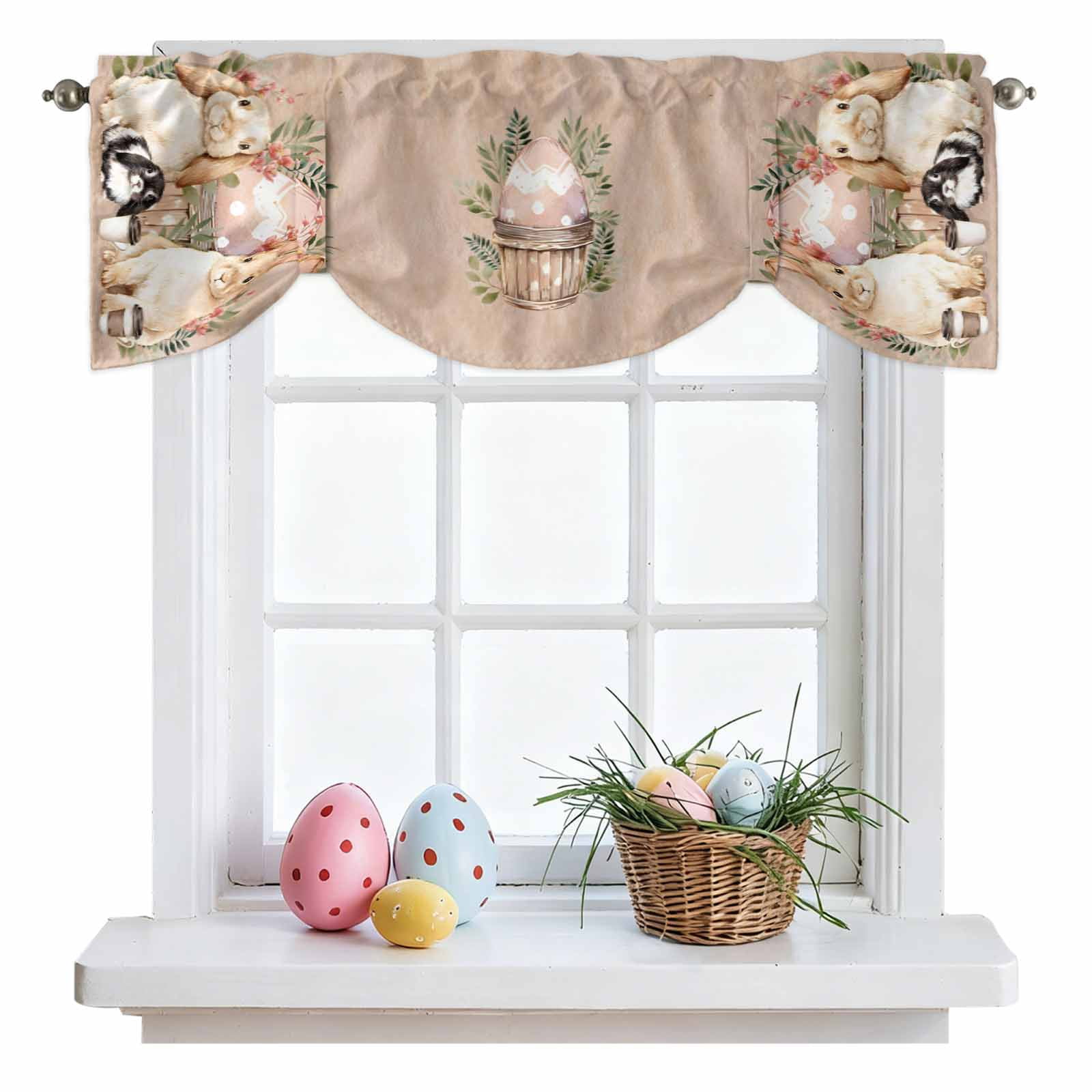 Easter Rabbits Tie Up Valances Curtain, Watercolor Bunny Eggs Coffee ...